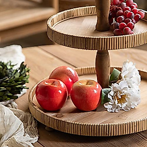 YMLHOME 2 Tier Tray Rustic Farmhose Decor Tray with Metal Handle Round Wood Tiered Serving Tray Stand for Decor and Serving Fruit Cake Desserts Snack Candy Nuts Light Brown