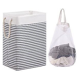 TECHMILLY 72L Large Laundry Hamper with Removable Bag, Collapsible Laundry Basket with Rope Handles, Dirty Clothes Hamper for Bedroom, Living Room, Clothes Toys Organizer, Blue Stripe