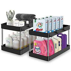 2 Pack Under Sink Organizer,2 Tier Under Sink Organizers and Storage,Under Cabinet Organizer with Hooks,Multi-Purpose Standing Rack Organizer for Bathroom Kitchen
