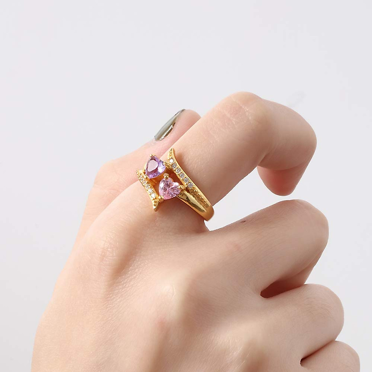 Lam Hub Fong Mom Ring Sterling Silver Personalized 2 Birthstones Rings for Women Custom Name Ring Gold Promise Rings for Her Christmas Gifts for Grandmother Wife New Mom