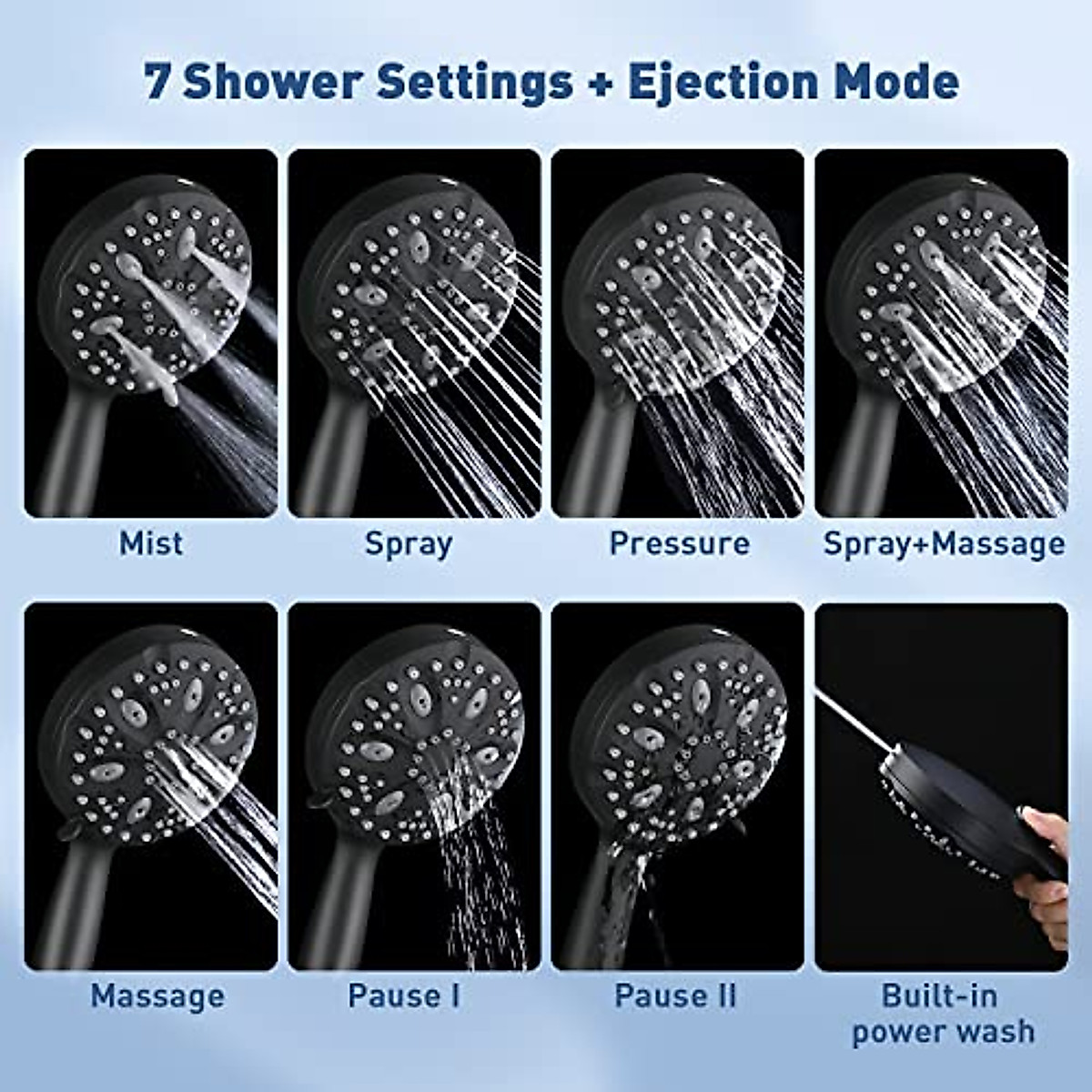 Shower Head-WaterSong 7 Settings+Build in Power Wash Handheld Spray with 6.5ft Stainless Steel Hose/Adjustable Mount for Luxury Bath Massage Spa, One Button Switch to Ejction Mode, Matte Black