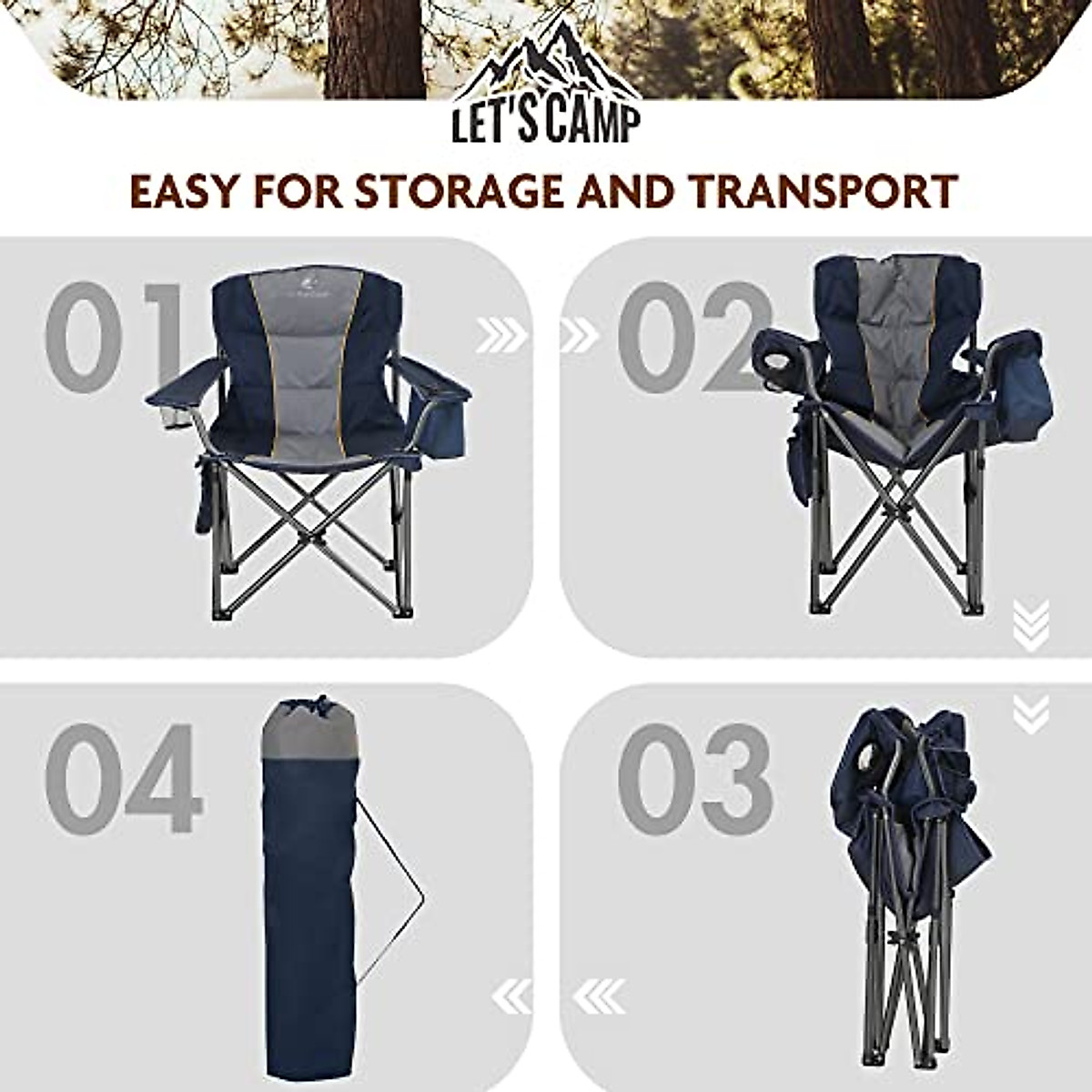 LET'S CAMP Folding Camping Chair Oversized Heavy Duty Padded Outdoor Chair with Cup Holder Storage and Cooler Bag, 450 LBS Weight Capacity, Thicken 600D Oxford
