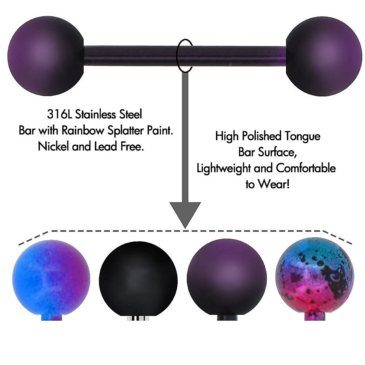 OUFER 4 PCS Stainless Steel 14G Barbell Tongue Rings Purple Black Splatter Tongue Barbell Tongue Piercing Jewelry