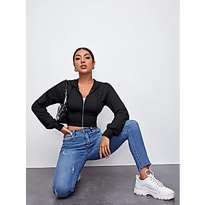 WDIRARA Women's Drop Shoulder Zip Up Drawstring Hoodie Black XL