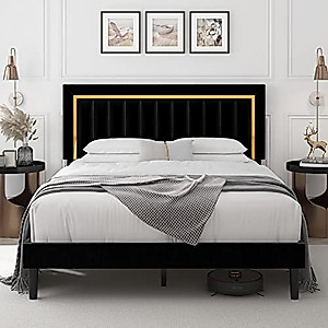 HITHOS Full Size Bed Frame with Adjustable Tufted Headboard, Velvet Upholstered Platform Bed Frame with Gold Trim, Heavy Duty Mattress Foundation with Steel Frame, Easy-Assembly Slats (Black, Full)