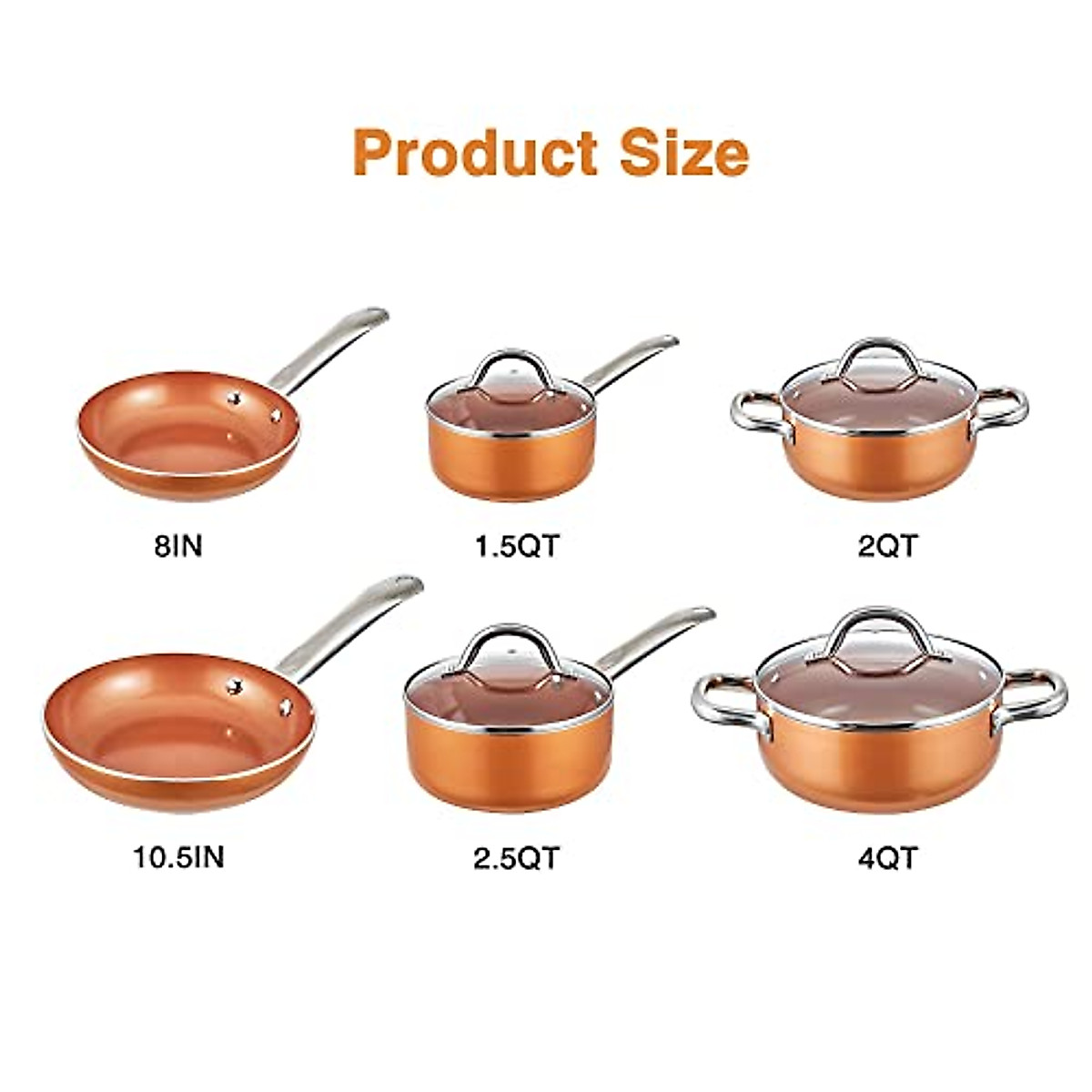 Copper Pots and Pans Set Nonstick 10-Piece Ceramic Cookware Set, Stainless Steel Handles, Dishwasher & Oven Safe, PFOA/PFAS-Free, Orange
