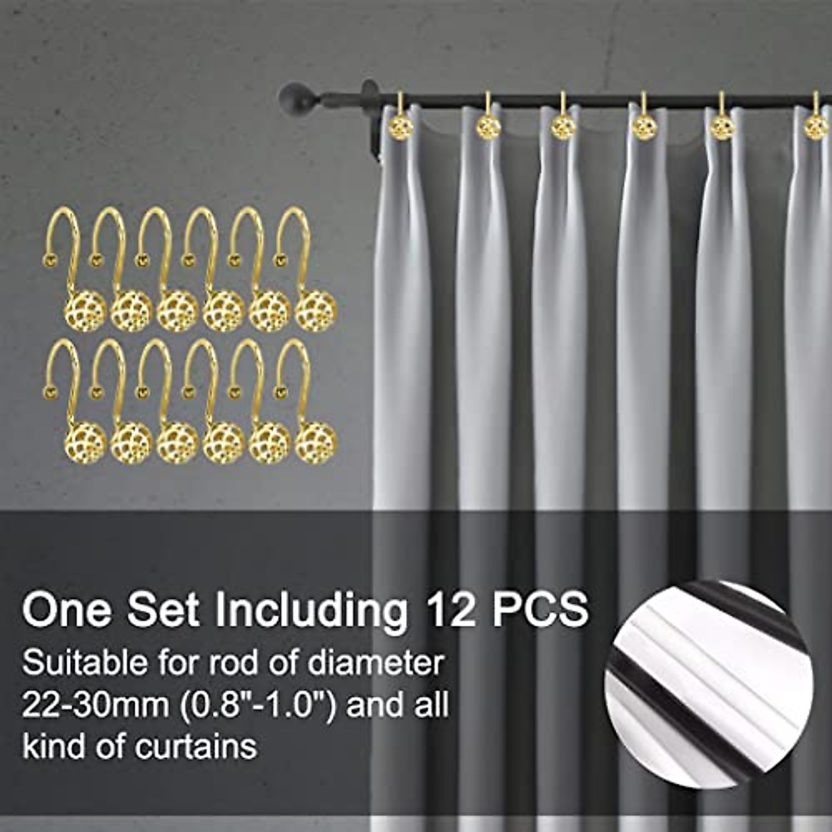 YJNSFT 12 Pcs Hollow Ball Shower Curtain Hooks, Rust Proof Chrome Rod Hooks Sets, Luxury Decorative Stainless Steel Shower Curtain Rings for Bathroom (Gold)