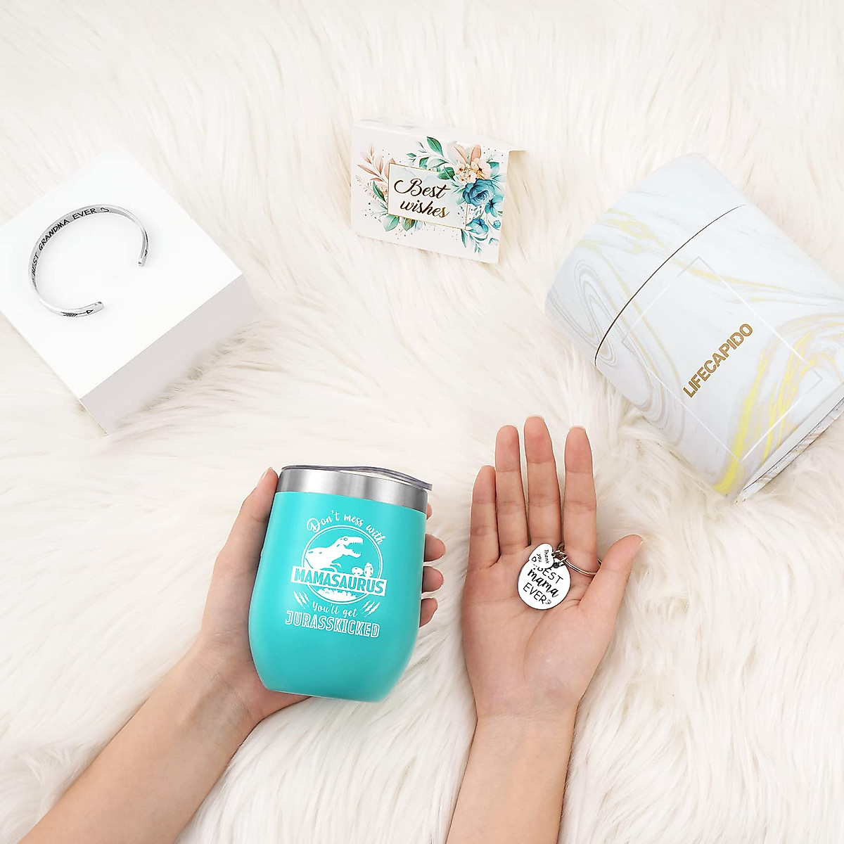 Lifecapido Mom Gifts - Don't Mess with Mama Saurus Insulated Wine Tumbler, Mamasaurus Wine Tumbler with Lid Straw, Mother's Day Birthday Christmas Gifts for Mom Mother New Mom Stepmom, 12oz Aqua Blue