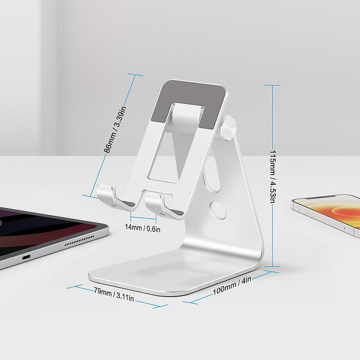 OMOTON C3 Cell Phone Stand for Desk, Larger and Exceptionally Stable, Adjustable Phone Cradle Holder with Bigger Body & Longer Arm, Compatible with iPhone 14, Tablets (7-10") and More, Silver