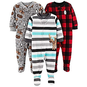 Simple Joys by Carter's Boys' 3-Pack Loose Fit Flame Resistant Fleece Footed Pajamas, Buffalo Check/Polar Bear/Stripe, 2T