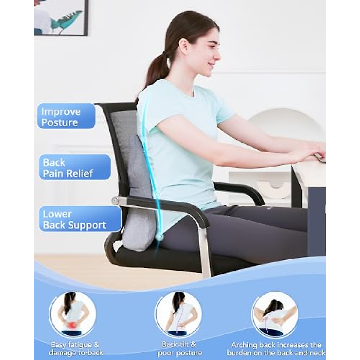 Guttylief Lumbar Support Pillow for Office Chair Back Support Pillow for Lower Back Pain Relief - Memory Foam Back Cushion for Car Computer, Gaming Chair Improve Posture Adjustable Anti-Slip Strap
