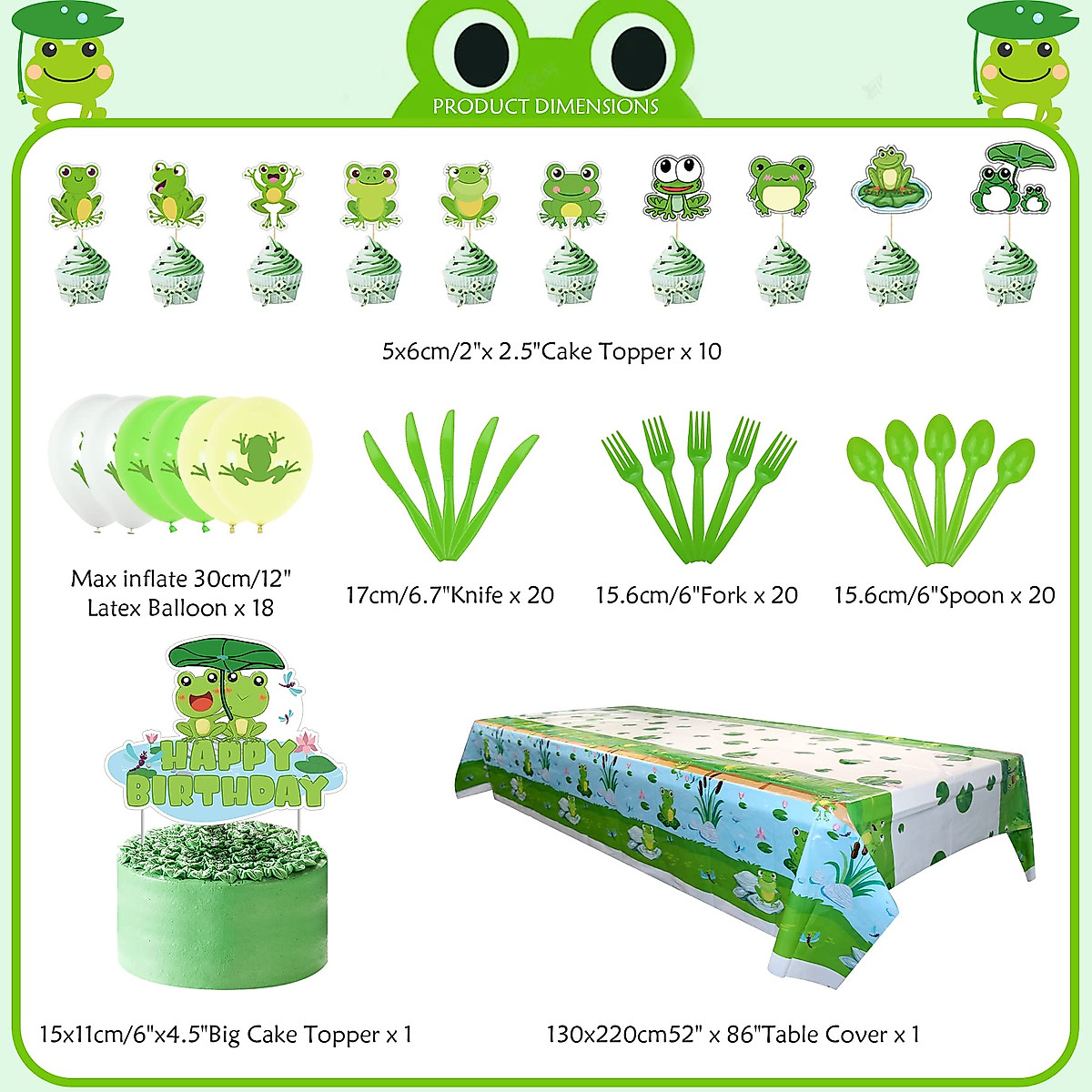 Frog birthday Party Decoration, Frog Party Supplies Tableware Includes Paper Plates, Balloons and HAPPY BIRTHDAY Banner for Green Frog Camping Baby Shower Kids Birthday Dinnerware Party, Serves 20