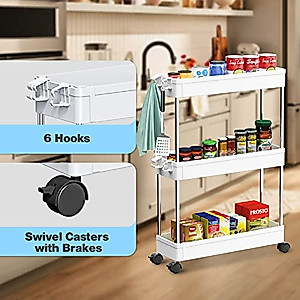 NOTHEIA Slim Storage Cart 3-Tier, Bathroom Organization Slide Out Cart, Laundry Organization and Storage Utility Cart, Snack Cart with Wheels Thin Space Solutions, White