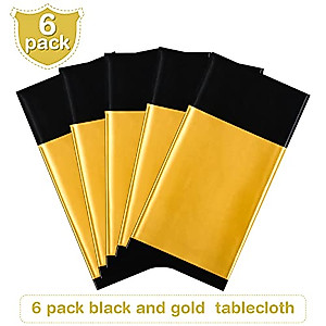 Tablecloth Black Plastic Table Cover Rectangle Disposable Tablecloth Set for Graduation Birthday Wedding Anniversary Picnic Festive Events Party Table Decoration Supplies (Black and Gold, 6)