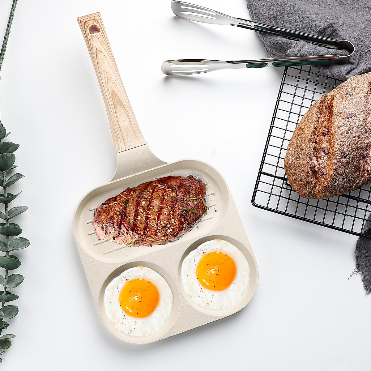 Egg Pan Japanese Omelet Maker 3 Section Square Grill Pan Egg Pan Nonstick for Breakfast Pancake Compatible with Gas Stove and Induction Cooktop Egg Frying Pan 7.4 inch (white) (Style1)