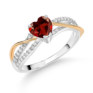 Gem Stone King 1.15 Ct Heart Shape Red Garnet G-H Lab Grown Diamond 925 Silver and 10K Yellow Gold Ring (Size 6)