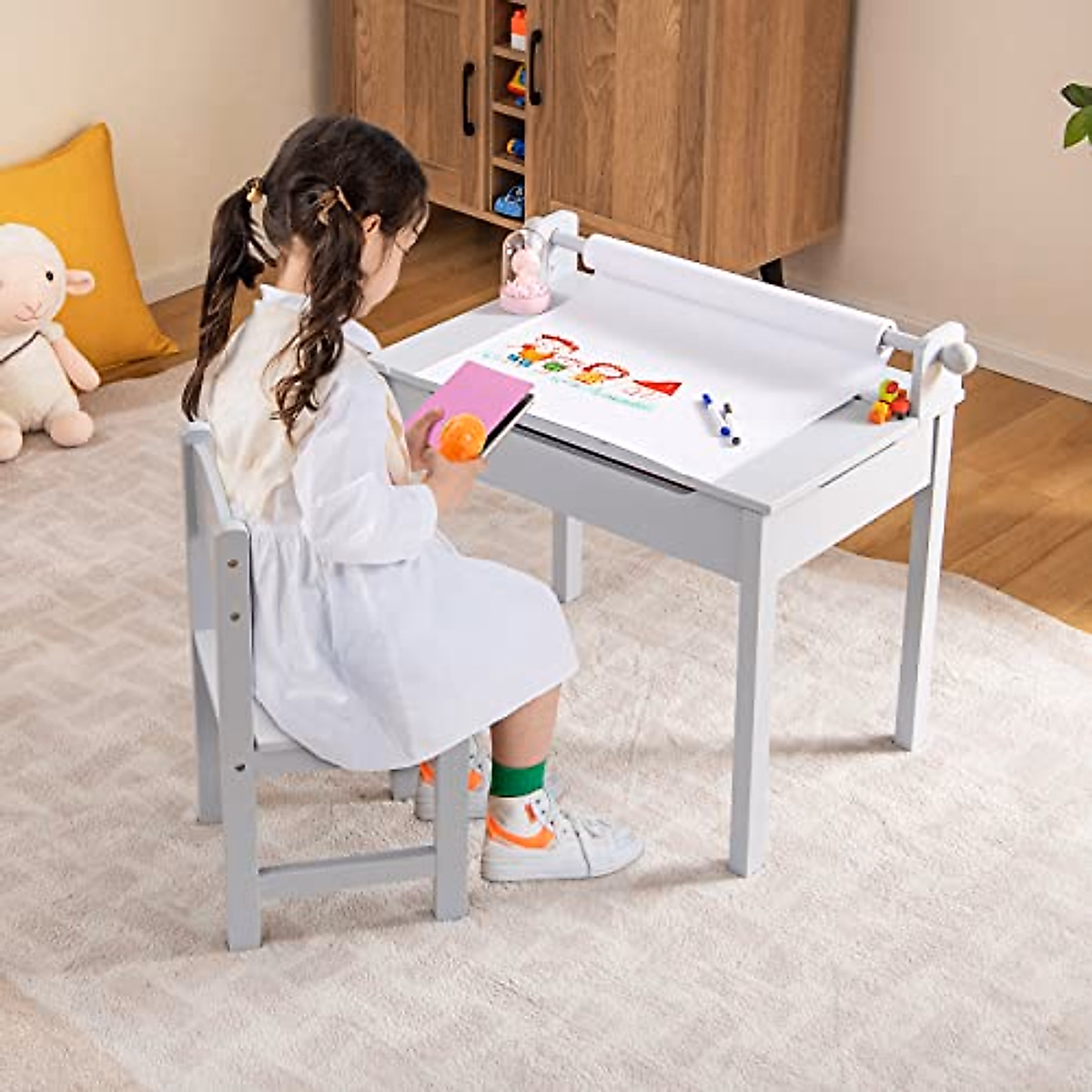 INFANS Kids Table and Chair Set with Paper Roll, Wooden Lift-top Desk for Toddler Writing Drawing Reading Craft Art, Children Furniture Activity Table Set for Nursery Daycare Playroom (Grey)