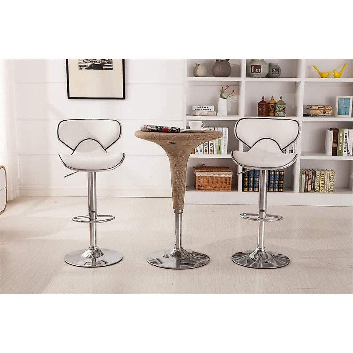 Roundhill Furniture Masaccio Cushioned Leatherette Upholstery Airlift Adjustable Swivel Barstool with Chrome Base, Set of 2, White