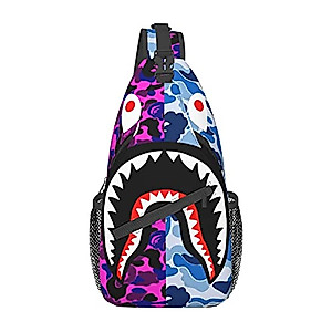 Besbapes Cute Shoulder Backpack, Backpacking, Red And Blue Camo Shark Teeth Art Crossbody Rucksack, Tote Bags, Gym Crossbody Sack Satchel Outdoor Hiking Bag for Man Women Lady Girl