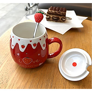 Mozacona Ceramic Mug Strawberry Love Coffee Cup Water Cup with Strawberry Lid and Spoon