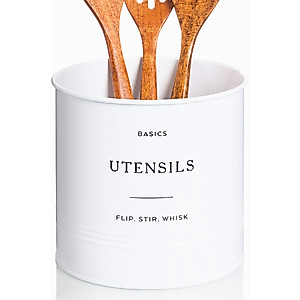 D'Lifeful Farmhouse Kitchen Utensil Holder (Jumbo Size - 7" x 7”) - Large Utensil Caddy for Countertop, Utensil Holder for Kitchen Counter Decor, Utensil Organizer (White)