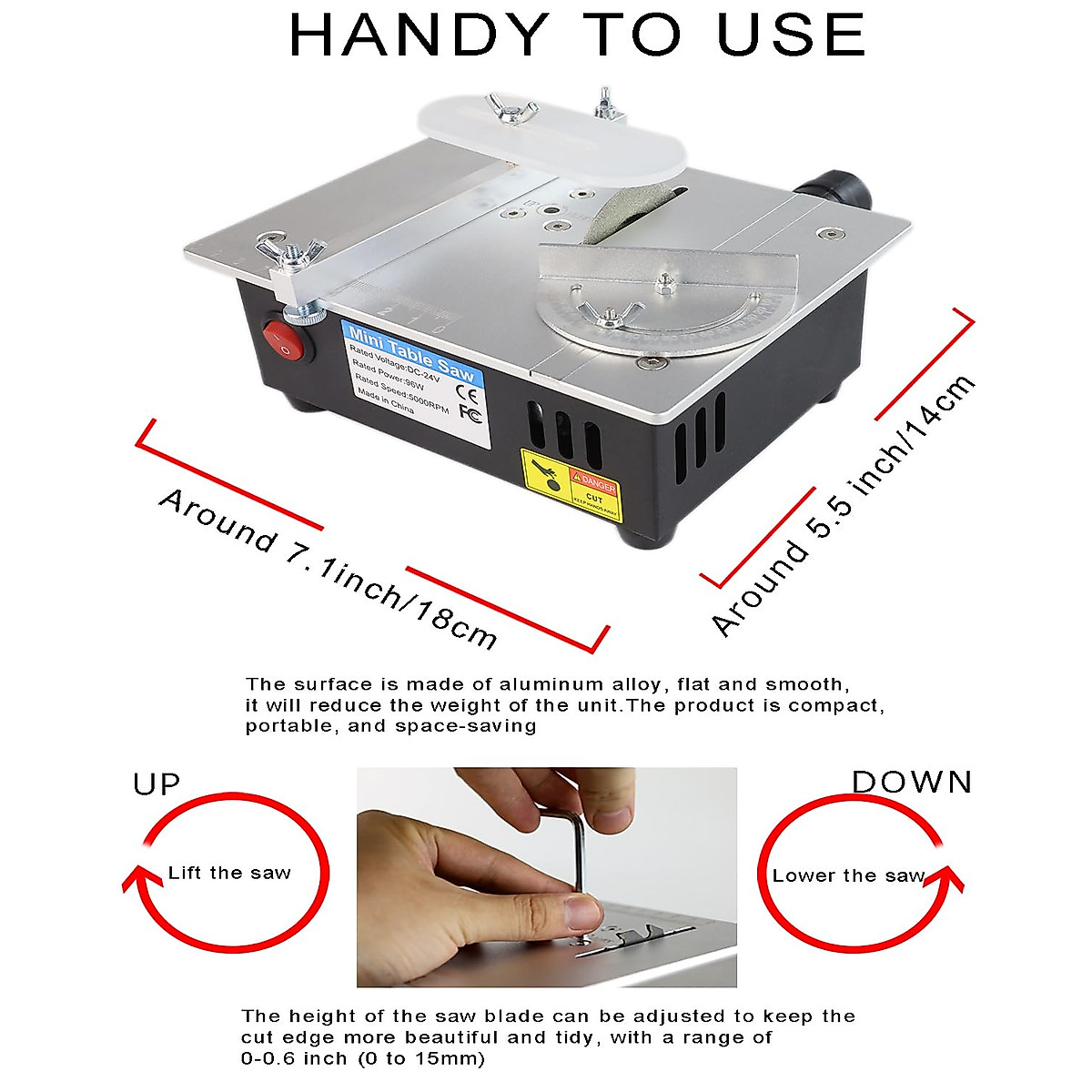 Mini Table Saw, RTOVZON 96W Mini Desktop Electric Saw Cutter 7.1"x5.5", Cut Thickness Adjustable Precision Craft Table Saw with Speed & Angle Adjust 4* Blades, Available for Wood/PCB/Acrylic/Plastic