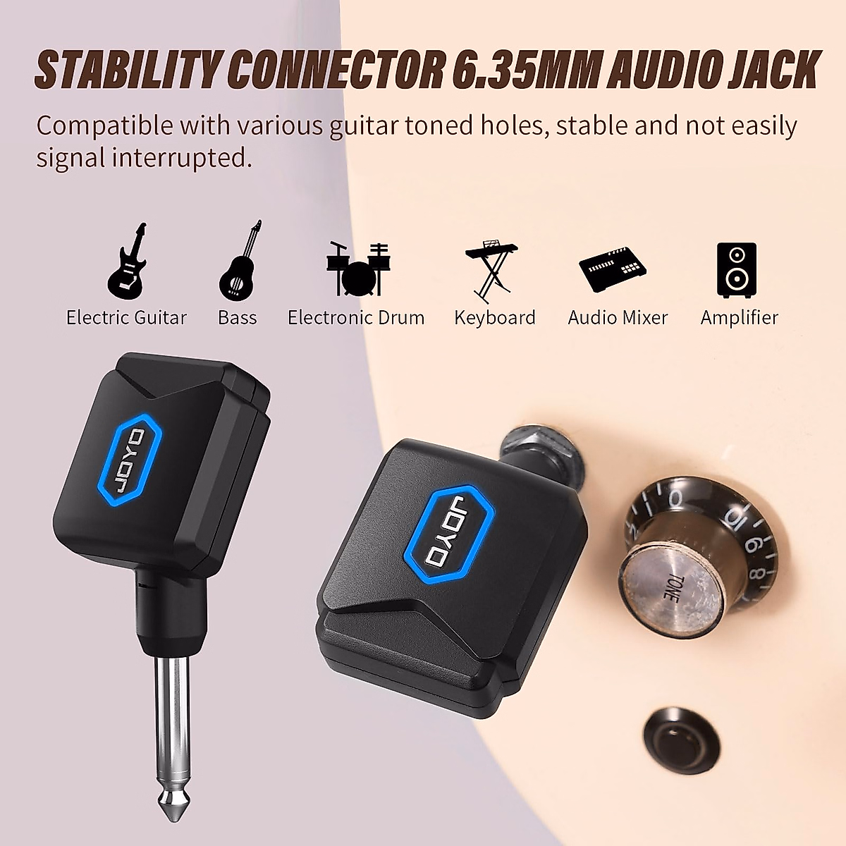 JOYO Wireless Guitar System 5.8GHz Wireless Guitar Transmitter Receiver with Charging Box 4 Signal Channel for Guitar Bass Electric Instruments (JW-06)