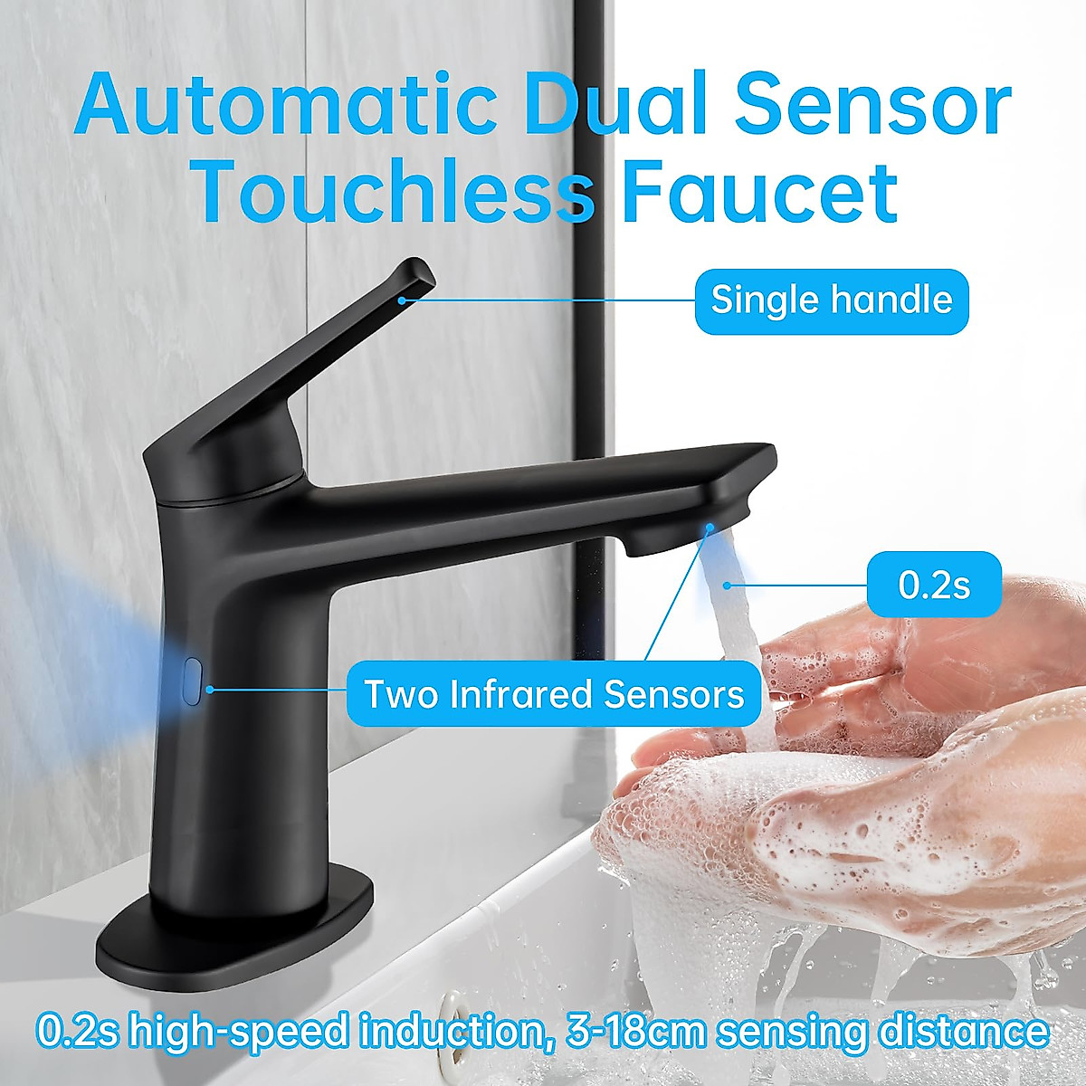 GOESMO Touchless Smart Bathroom Faucet for 1 or 3 Holes, Automatic Sensor Faucet 1 Handle, Adjustable Cold & Hot Temperature & Water Flow, Short & Long Instruction Modes, Metal Matte Black Bath Faucet
