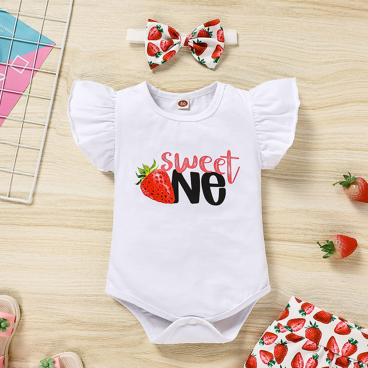 Viworld Baby Girl 1st Birthday Outfits Ruffle Sleeve Romper+Strawberry Bottoms Diaper Shorts+Headband Cake Smash Clothes Set,(White Strawberry,12-18M)