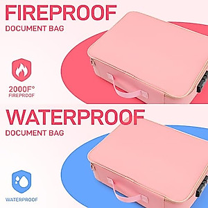Sgorlds Fireproof Document Bag with Lock, Important Document Organizer Home Office Travel Safe Bag, 3 Layer Portable Filing Storage for Waterproof File Passport Certificates Legal Documents Pink
