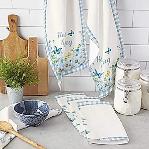 Aomike Kitchen Towels Set of 4, Hello Spring Country Daisy Butterfly Retro Blue Plaid Dish Towels Absorbent Soft Kitchen Hand Towels Tea Towels for House Cleaning and Decorate, 18" x 28"