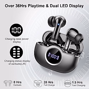 Wireless Earbuds, 2025 Bluetooth 5.4 Headphones Hi-Fi Stereo 3D Bass Ear Buds, 4 ENC Noise Cancelling Mic, 36Hrs USB-C in-Ear Earphones, IP7 Waterproof Workout Sport for Laptop Pad Android iOS, Black