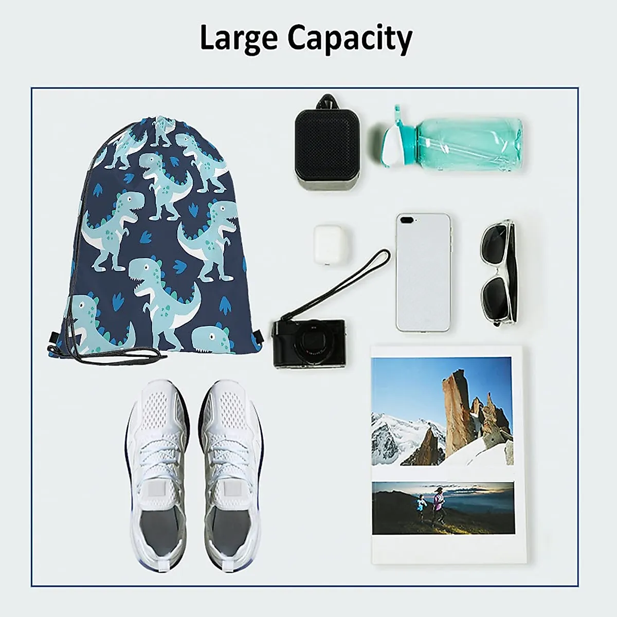 Beabes Blue Dinosaur Print Drawstring Backpack Bag - Dino Little Cute Cartoon Animal Pattern Roar Series Sport Gym Sack Drawstring Bag for Men Women