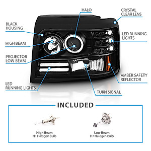 AmeriLite LED Halo Bar Projector Replacement Halogen Car Headlights Set For Ford F-150/F250/F350/Bronco - Passenger Right and Driver Left Side, Vehicle Light Assembly, Black