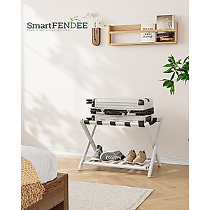 Smart FENDEE Fully Assembled White Bamboo Luggage Rack, 5 Straps Folding Suitcase Stand with Shoe Shelf, Heavy Duty Wood Large Luggage Holders for Guest Room, Bedroom, Hotel