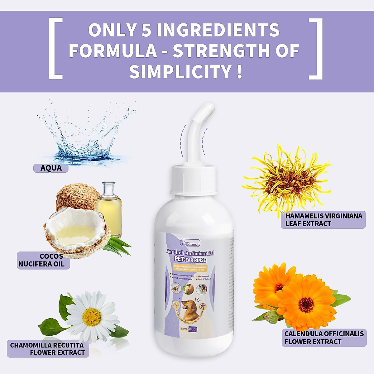 Dog Ear Cleaner, Dog Ear Cleaning Solution for Dog Ear Infection Treatment, Soothes Ear Inflammation, Itch Relief, Removes Wax, Odor, with 10 Cotton Swabs