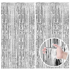 2 Pack Silver Backdrop Curtain Party Decorations Foil Fringe Backdrop Silver Tinsel Streamers Birthday Bachelorette New Year Christmas Wedding Baby Shower Disco Party Decorations