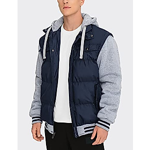 BEST SOUTH Men's Hooded Winter Coats Water Resistant Warm Thicken Insulated Full Zip Windproof Jackets with Pockets Blue Grey 4XL