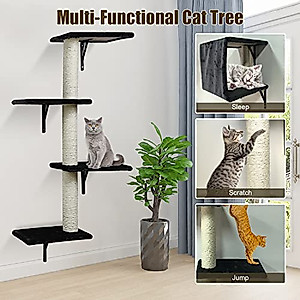 JIFULI 5 Pcs Wall-Mounted Cat Climber Set, Wood Indoor Furniture with Shelves and Perches, Ladder, Condo House, Scratching Board Tree, Wall Furniture, Black, (JFL-CT5P-GY)