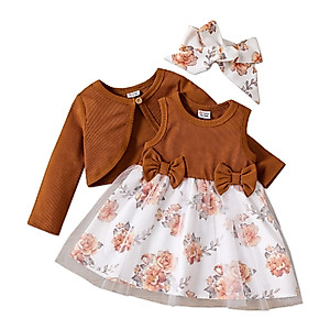PATPAT Baby Girl Knit Spliced Floral Mesh Brown Dress and Long-Sleeve Cardigan with Headband 3pcs Set 3-6 Months