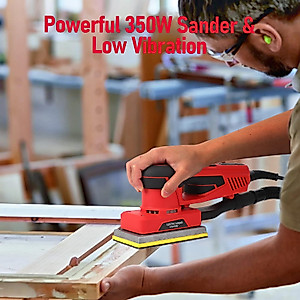 PioneerWorks Sheet Sander with 12 Sanding Paper, 350W Brushless Motor Finishing Sander, Powerful & Low Vibration, 10000 RPM, For Wood working, Polishing,Carpentry