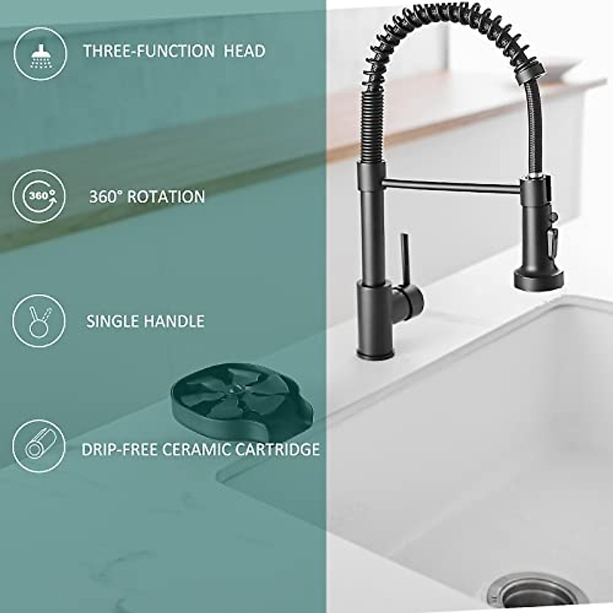 Hoimpro Matte Black Spring Kitchen Faucet with Pull Down Sprayer, Rv Black Kitchen Sink Faucet with Pull Out Sprayer,3 Function Single Handle Laundry Faucet with Cover Plate,Brass(Single or 3 Hole)