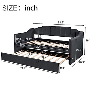 Flieks Upholstered Daybed with Trundle, Solid Wood Sofa Bed Frame, Swooping Arms and Curved Back Design, No Box Spring Needed, Black