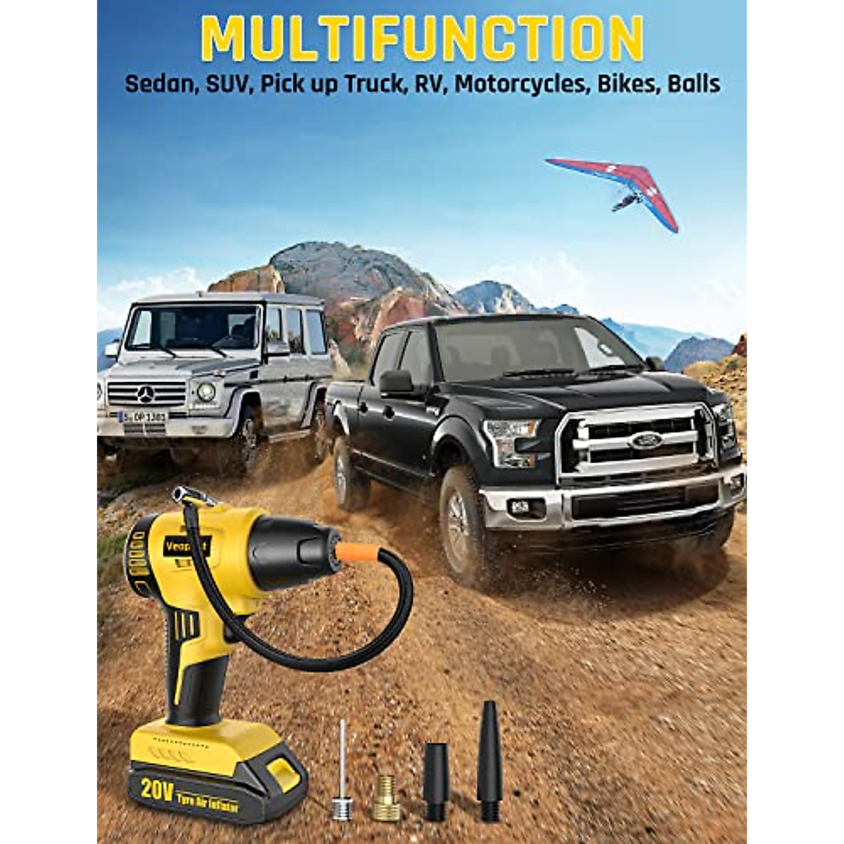 Veapoot Tire Inflator Portable Air Compressor, Air Pump for Car Tires, 20V Rechargeable Battery Powered 160PSI Handheld Tire Pump with 12V Car Adapter,Digital Pressure Gauge, Auto Inflation and Stop