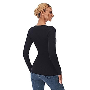 AmélieBoutik Women Color Trim V Neck Long Sleeve Ribbed Sweater Top (Black and Ivory White Large)