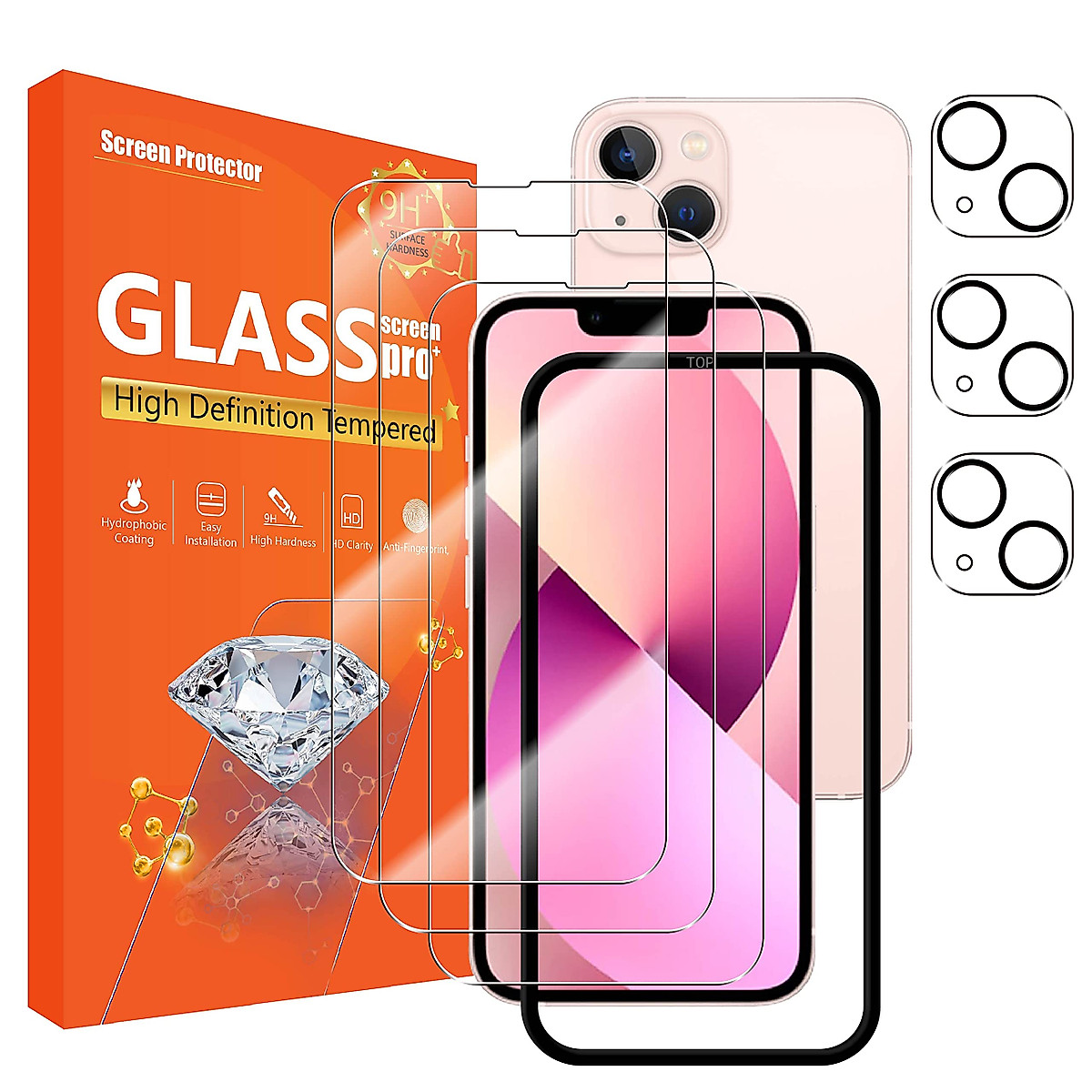 seninhi [3+3Pack] for iphone 13 mini 5.4inch Screen Protector 3Pack + Camera Lens Protector 3Pack, Tempered Glass Screen Protector [With Easy Installation Frame] [9H Hardness] [Anti-Scratch] [Bubble