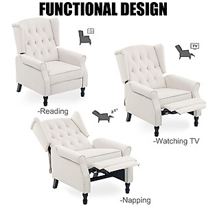 Velvet Accent Chair, Push Back Recliner Chair, Wingback Arm Chair for Living Room/Bedroom/Home Theater/Reception Area, Light Beige