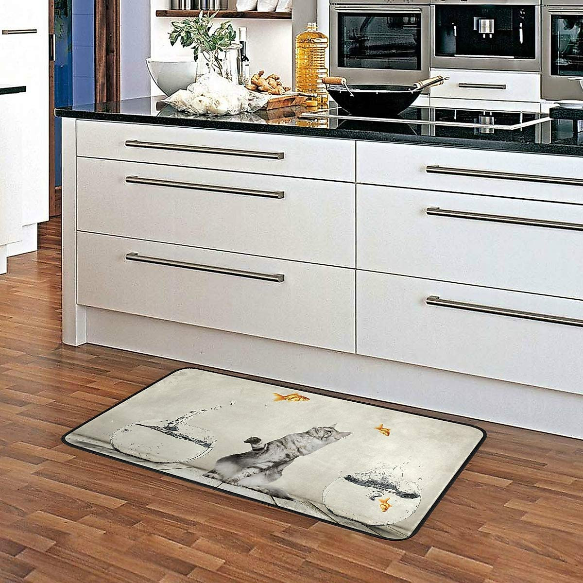 MOYYO Kitchen Mat Animal Funny Cute Cat Fish Kitchen Rug Mat Anti-Fatigue Comfort Floor Mat Non Slip Oil Stain Resistant Easy to Clean Kitchen Rug Bath Rug Carpet for Indoor Outdoor Doormat