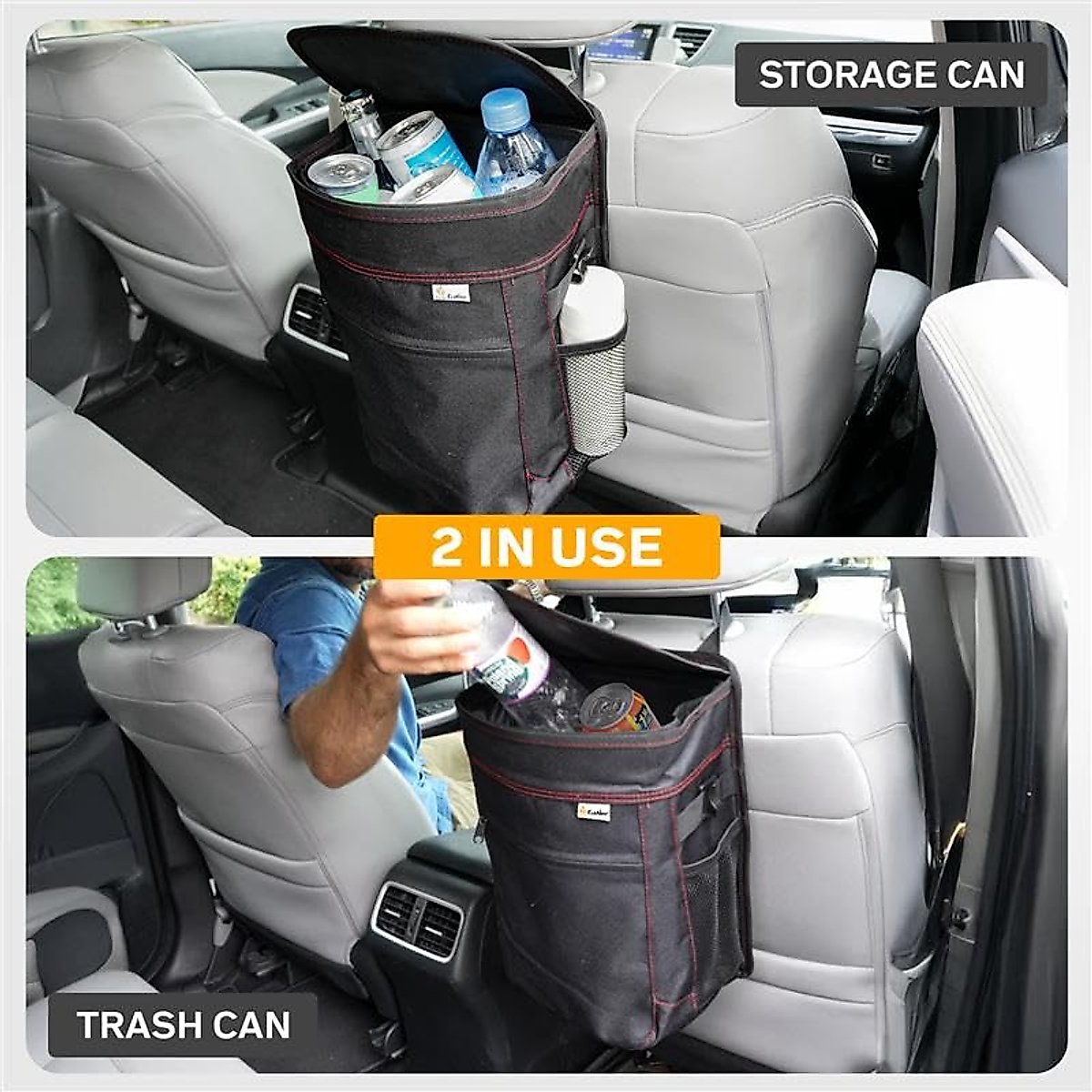 EcoNour Car Trash Can with Lid & Storage Pockets | Waterproof Garbage Can | Hanging Trash Bin with Removable Inner Bag | Trash Can for SUVs, Trucks & More | Black