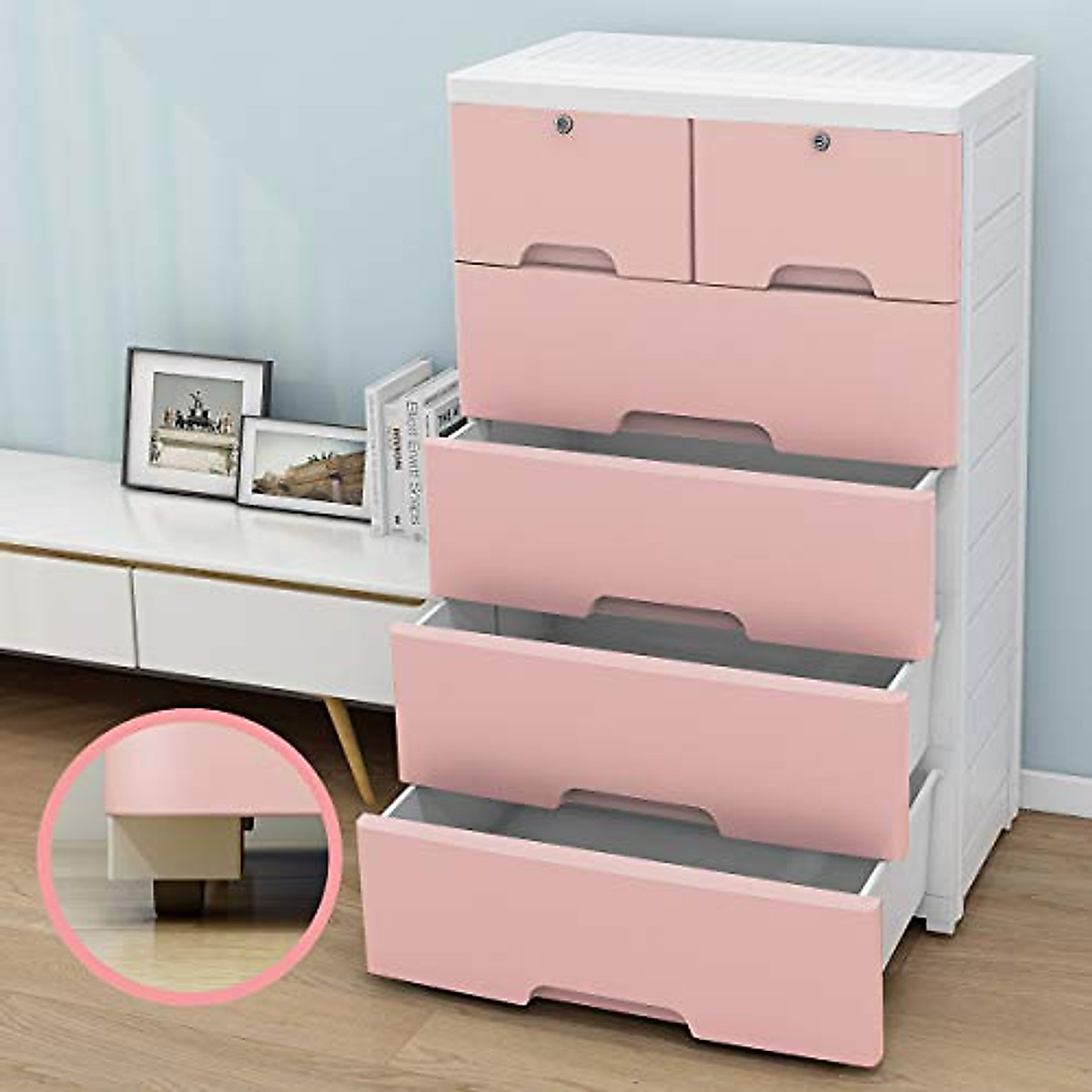 Nafenai Plastic Drawers Dresser,Storage Cabinet with 6 Drawers,Closet Drawers Tall Dresser Organizer for Clothes,Playroom,Bedroom Furniture, Pink